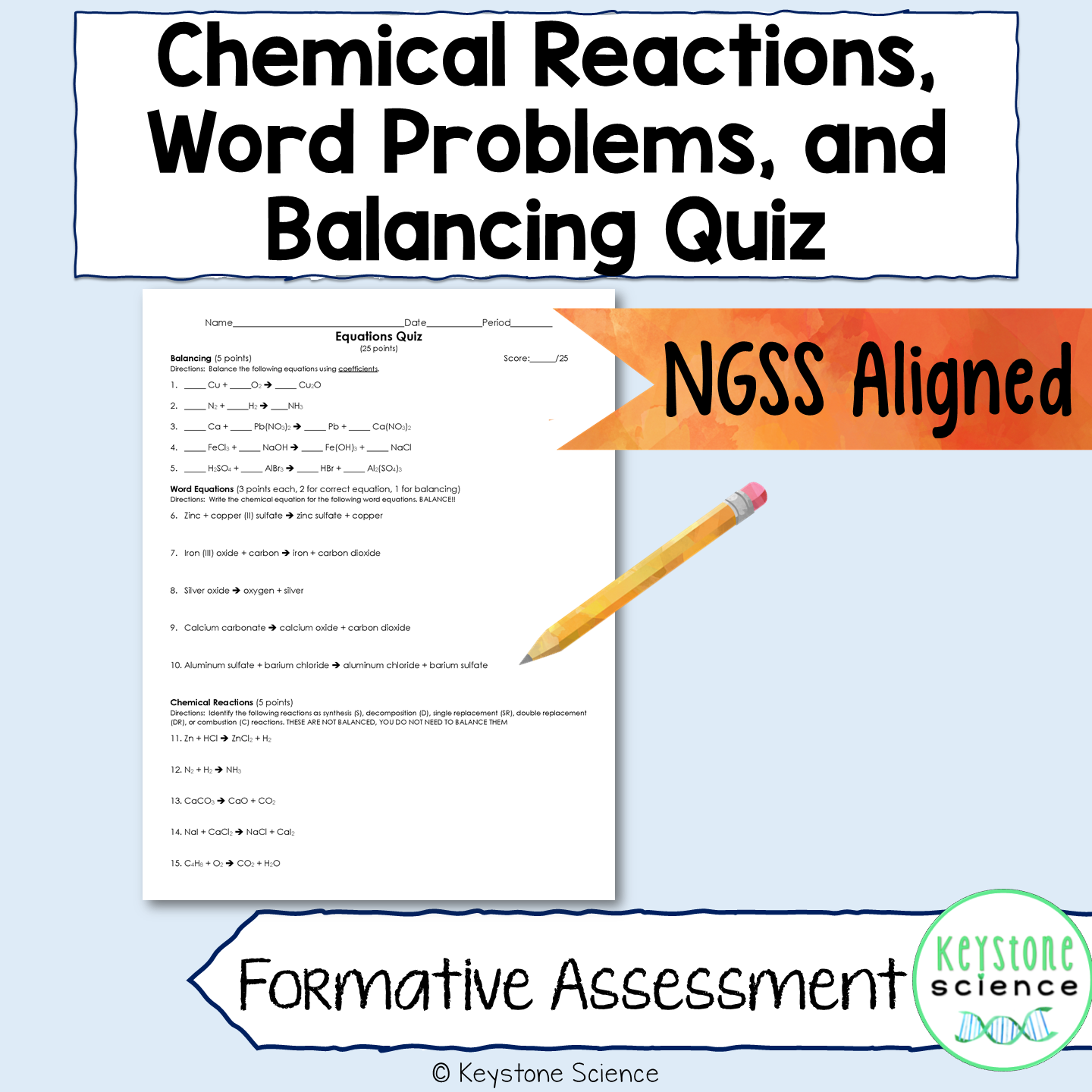 Chemistry Balancing Writing Equation Types Quiz with KEY – Keystone Science