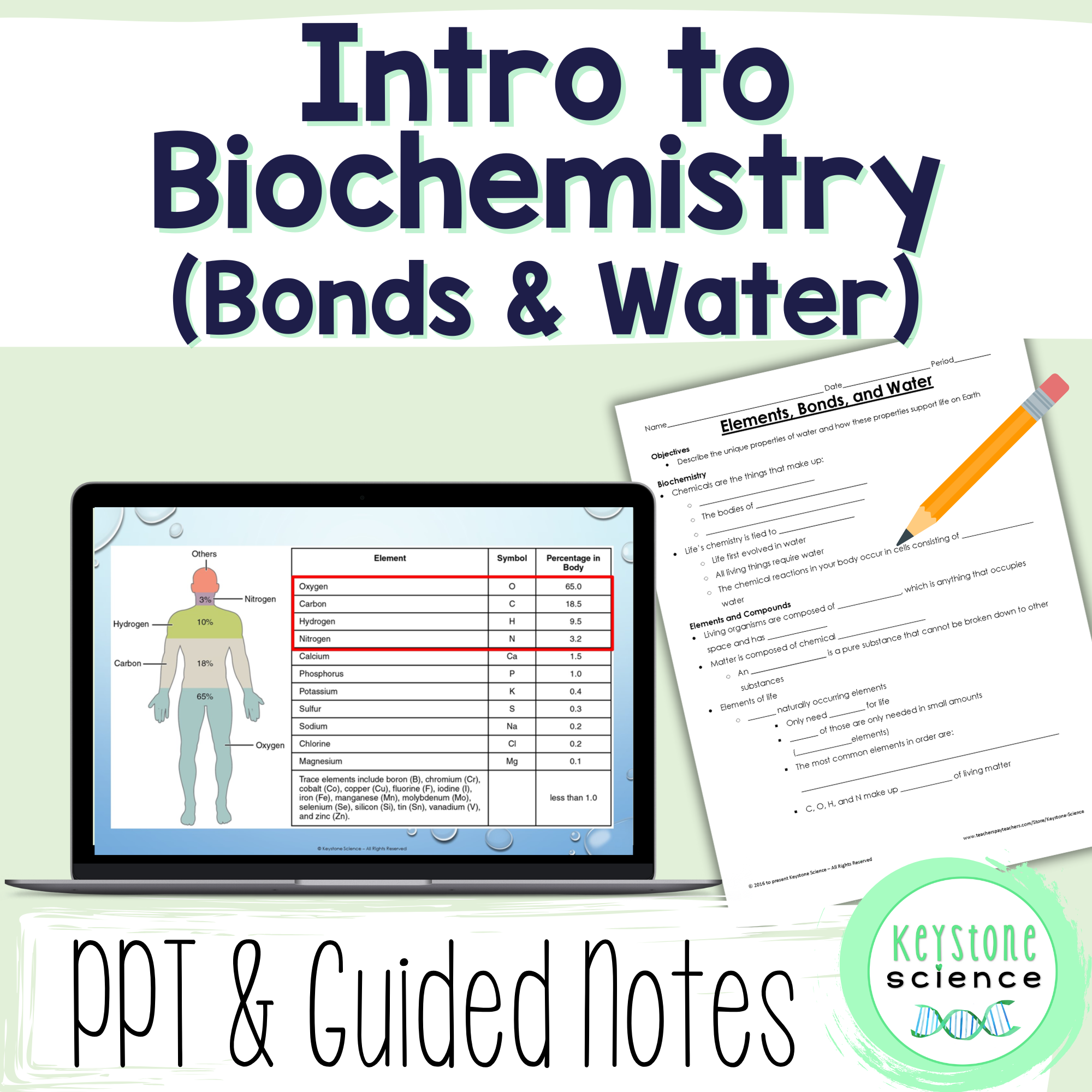 Biochemistry Elements Bonding Water PowerPoint & Notes Biology Keyston ...