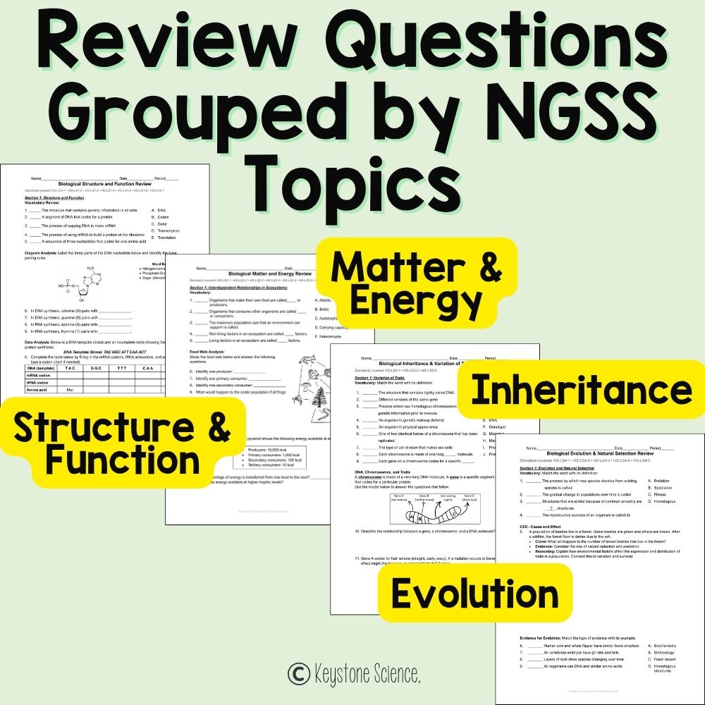 NGSS Aligned Biology End of Year Review Worksheets EOC Test Prep High ...