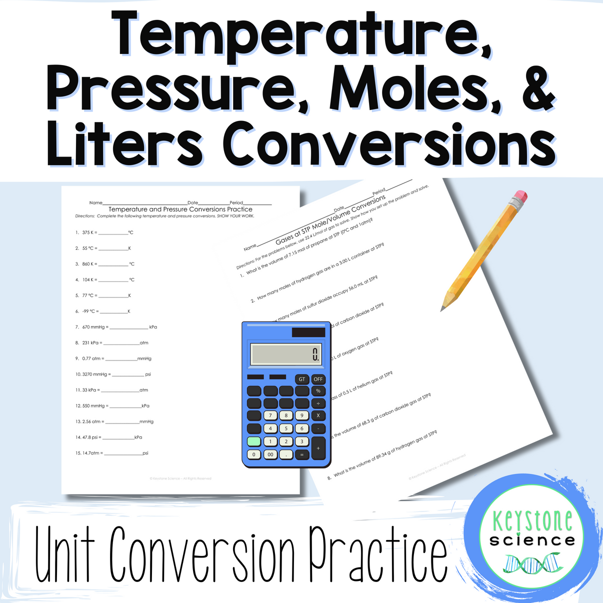 Pressure, Temperature, Mole, Liters Gas Laws Conversion Worksheet with ...