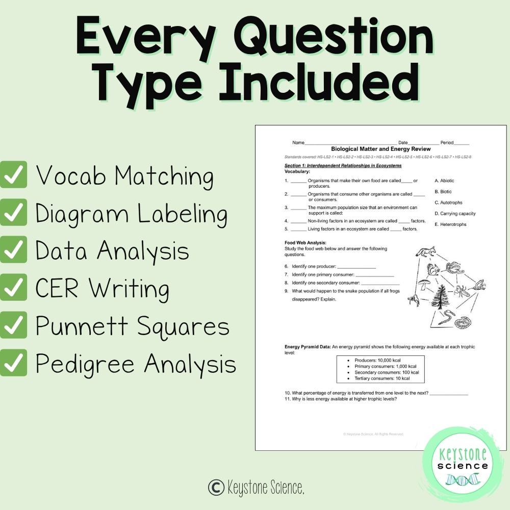 NGSS Aligned Biology End of Year Review Worksheets EOC Test Prep High ...